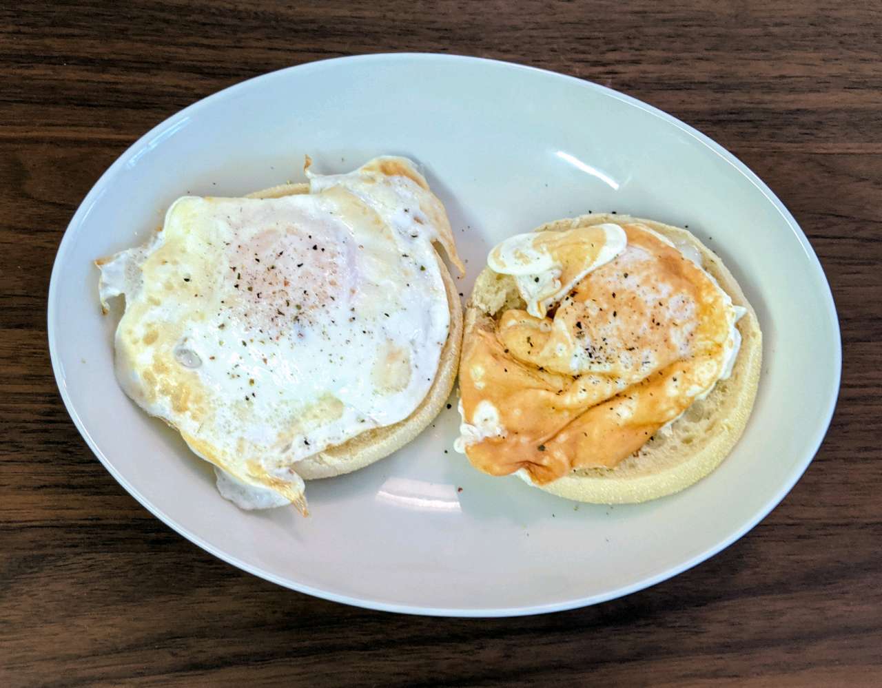 半熟卵 today's breakfast. Messed up the second egg. Oh well. Egg on top of ...